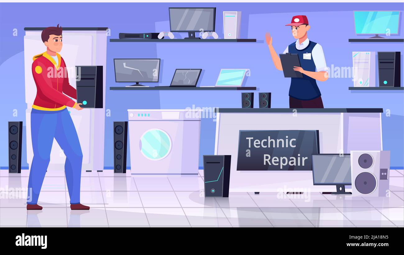 Man brings broken computer to repair office flat vector illustration ...