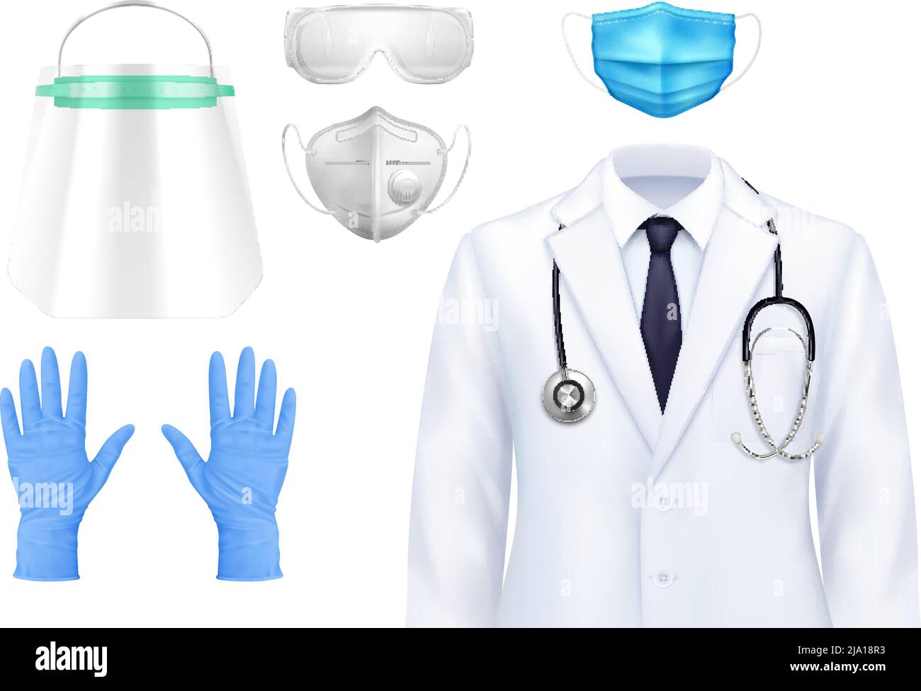 Doctor self protection uniform realistic set of isolated icons of suit ...