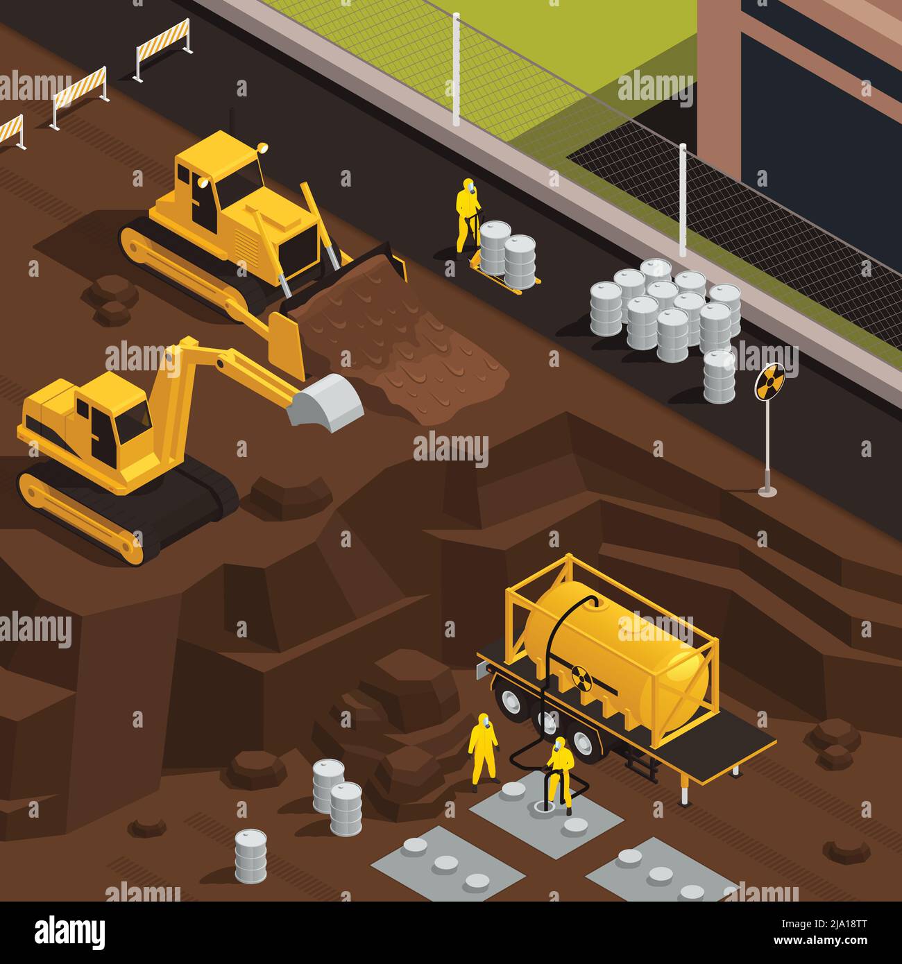 Toxic waste nuclear chemical pollution biohazard isometric colored ...