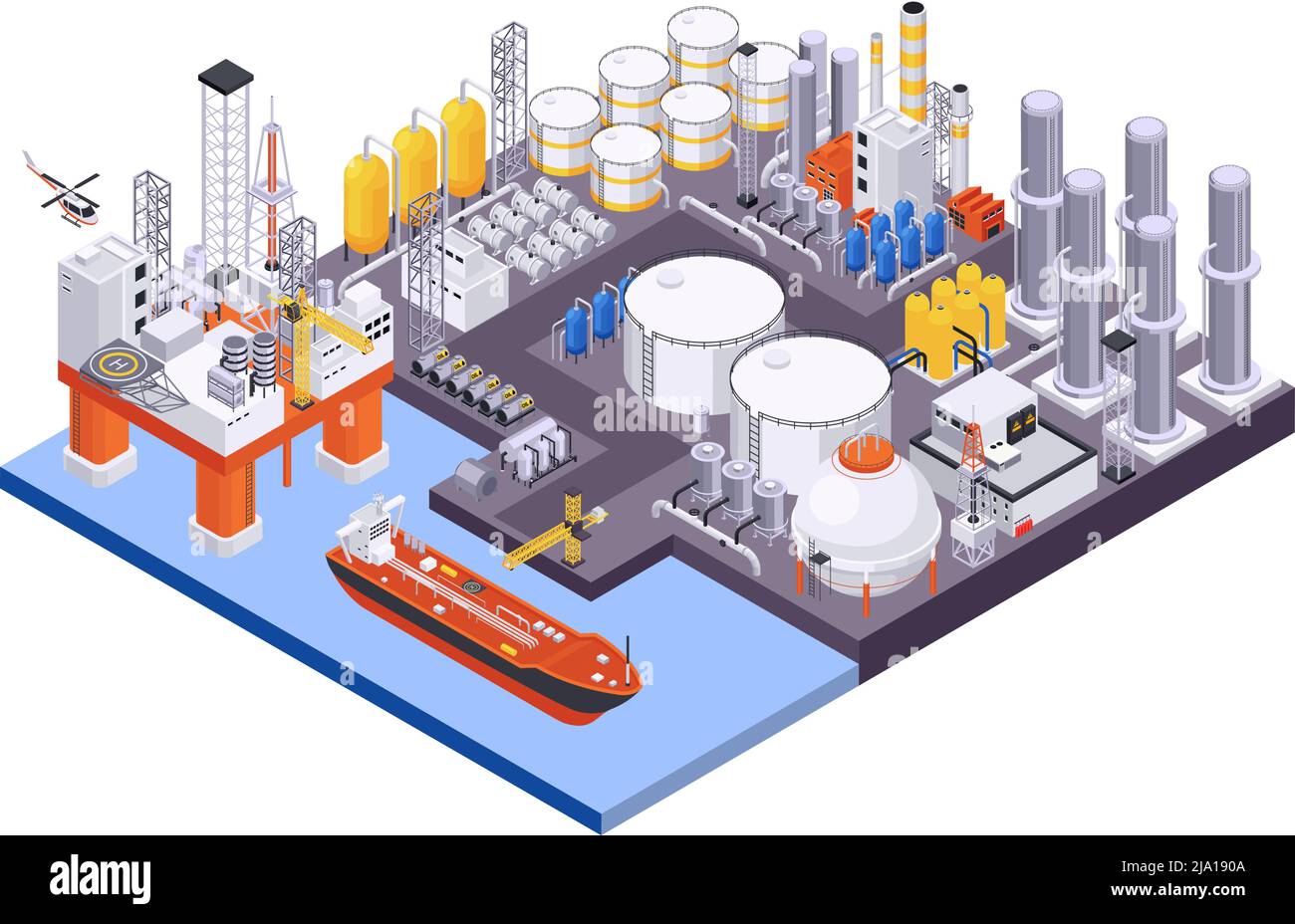 Oil petroleum industry isometric composition with view of maritime port ...