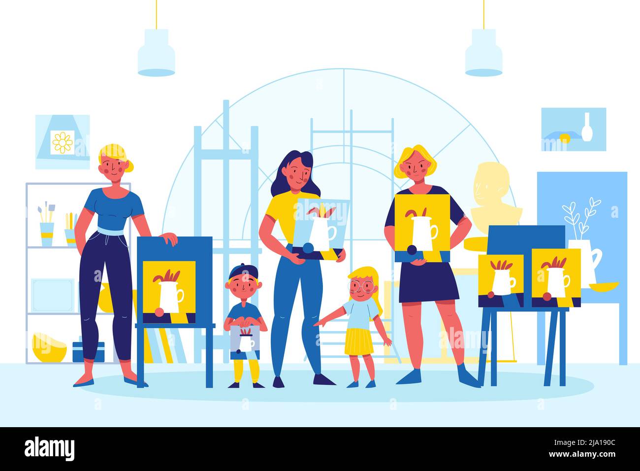 Creative artist professions background with painter performing flat ...