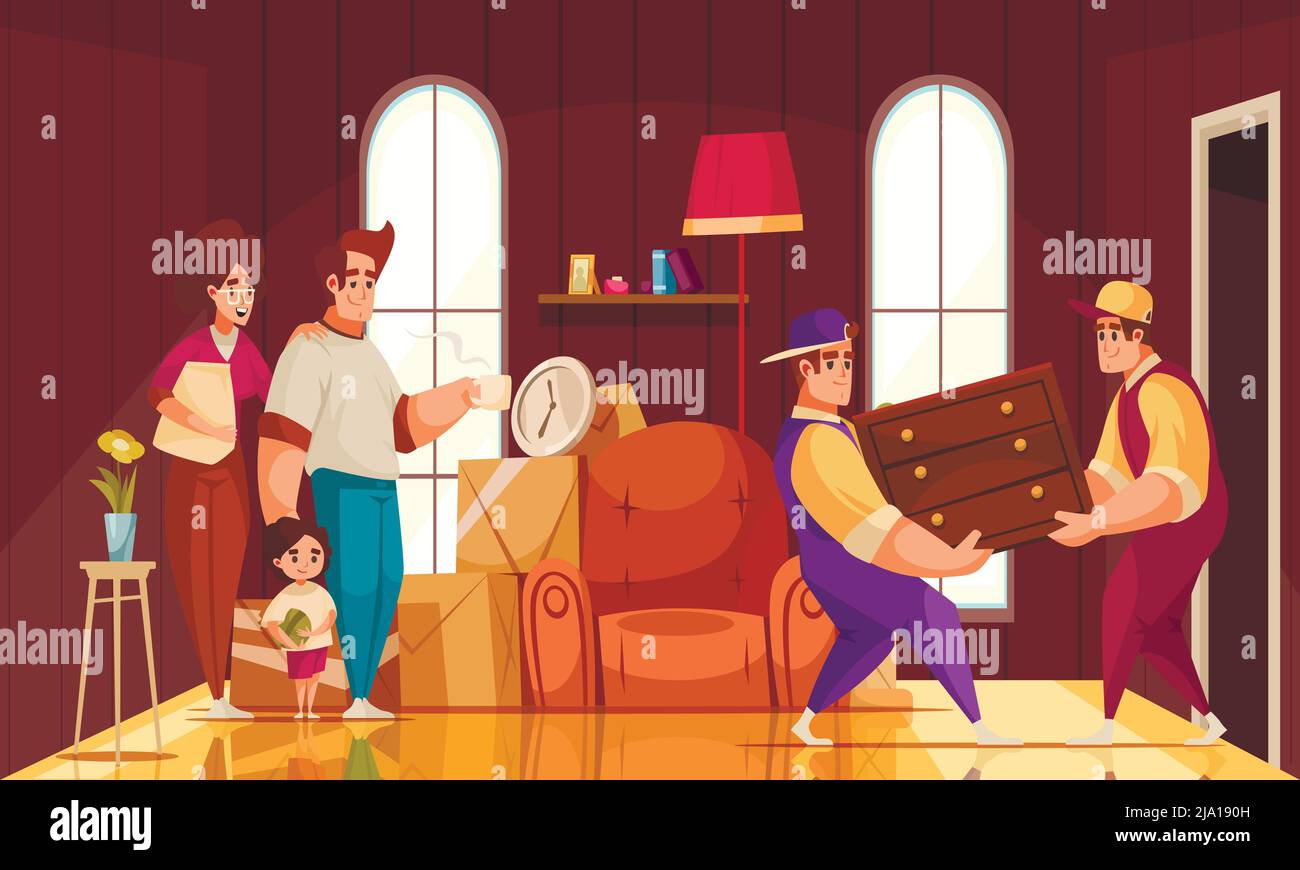 New house room interior cartoon composition with family watching moving ...