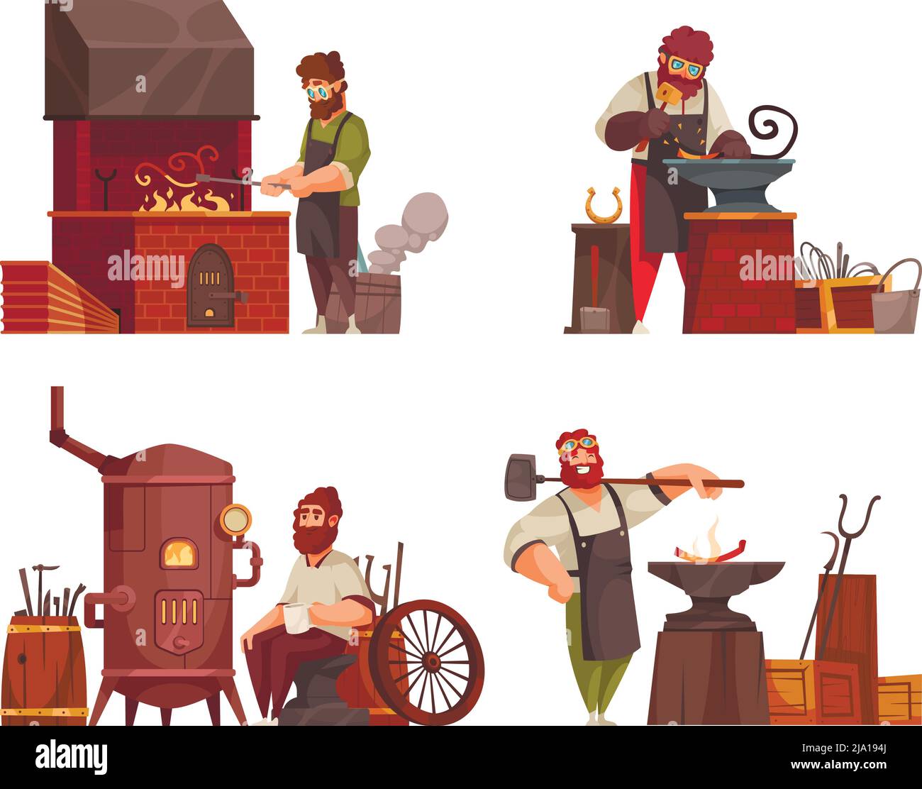 Traditional blacksmith workshop concept 4 cartoon compositions with ...