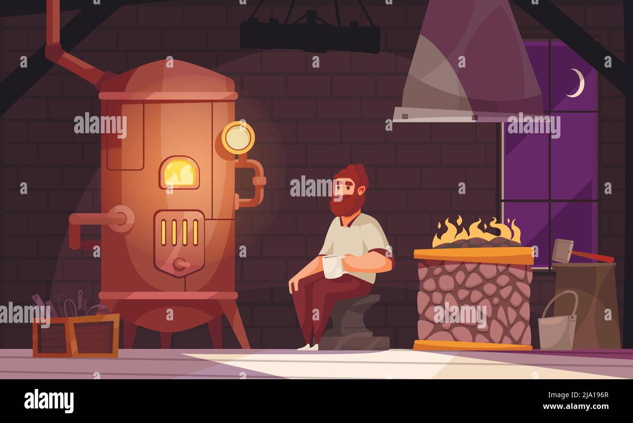 Late night forging cartoon composition with blacksmith in traditional ...