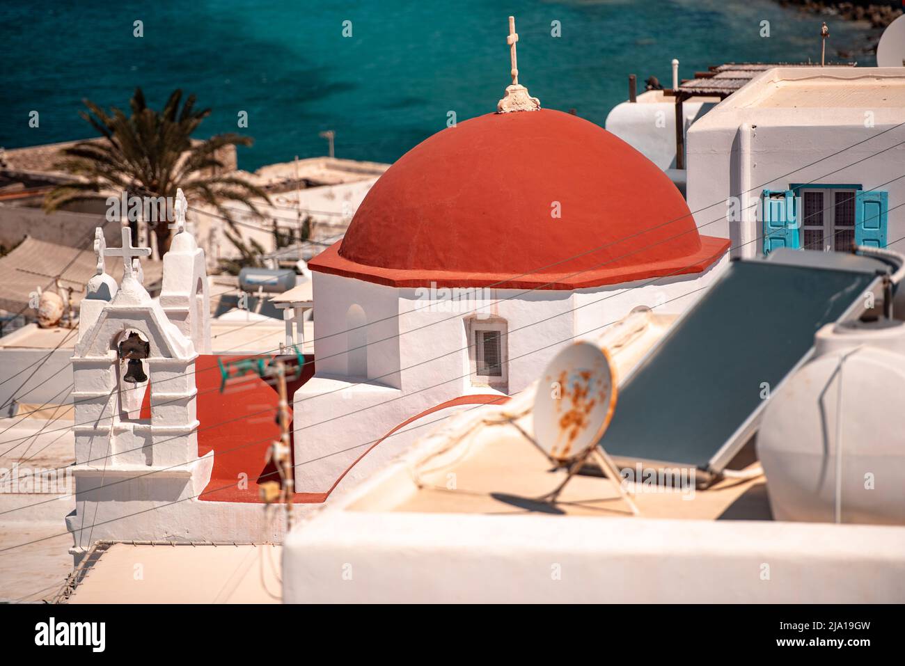 Mykonos island in Cyclades group in the Aegean Sea. summer party ...