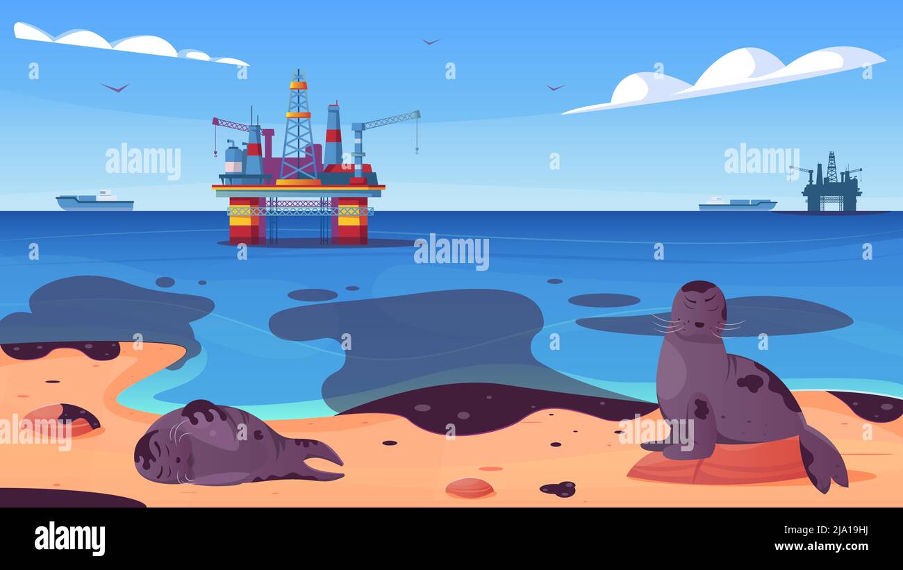 Ocean pollution with oil stains on water surface with sea animals on ...