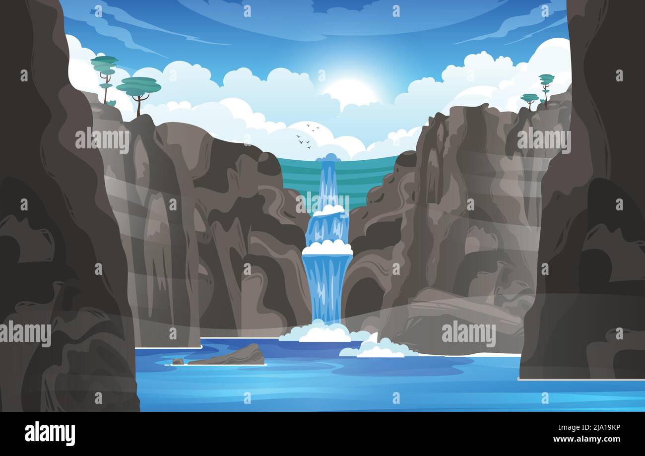 Waterfall cartoon background with river stream flowing throw rocks to ...