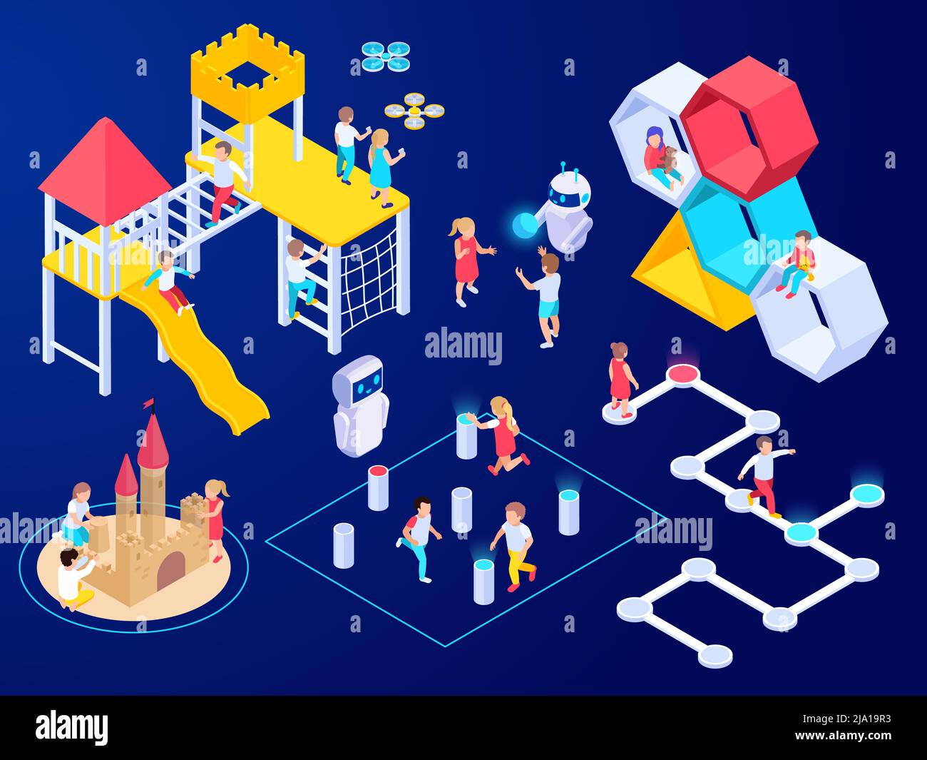 Modern futuristic playground isometric composition with isolated images ...
