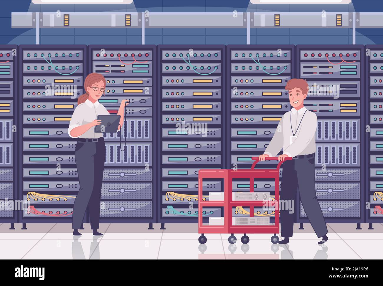 Datacenter cartoon composition with indoor view of room with rows of ...