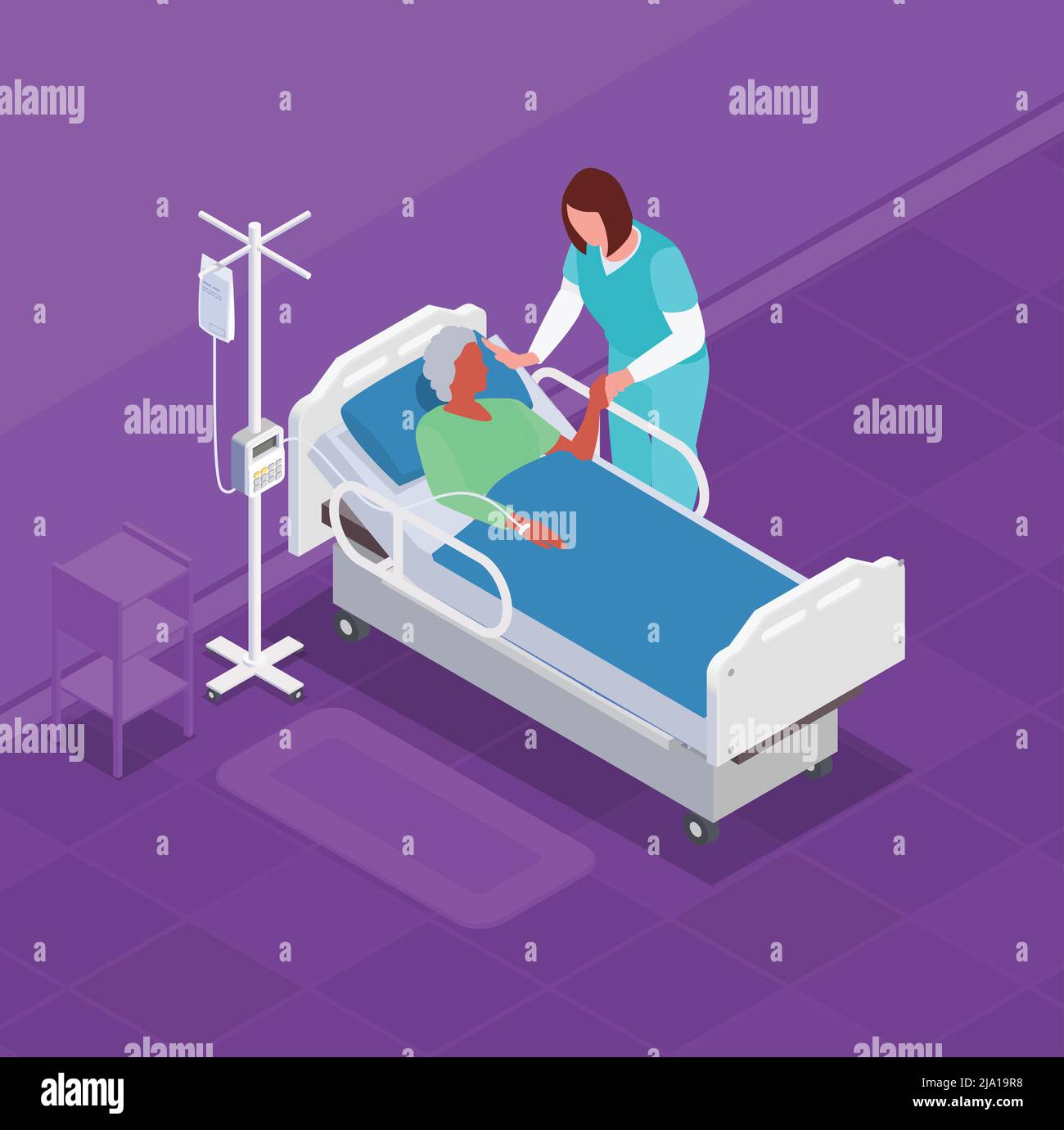 Nurse caring for an elderly woman in a hospital bed isometric vector ...