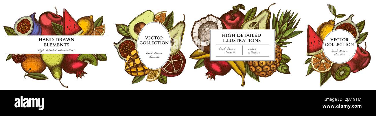 Fruits hand drawn frame templates. Vintage illustrations of bananas ...