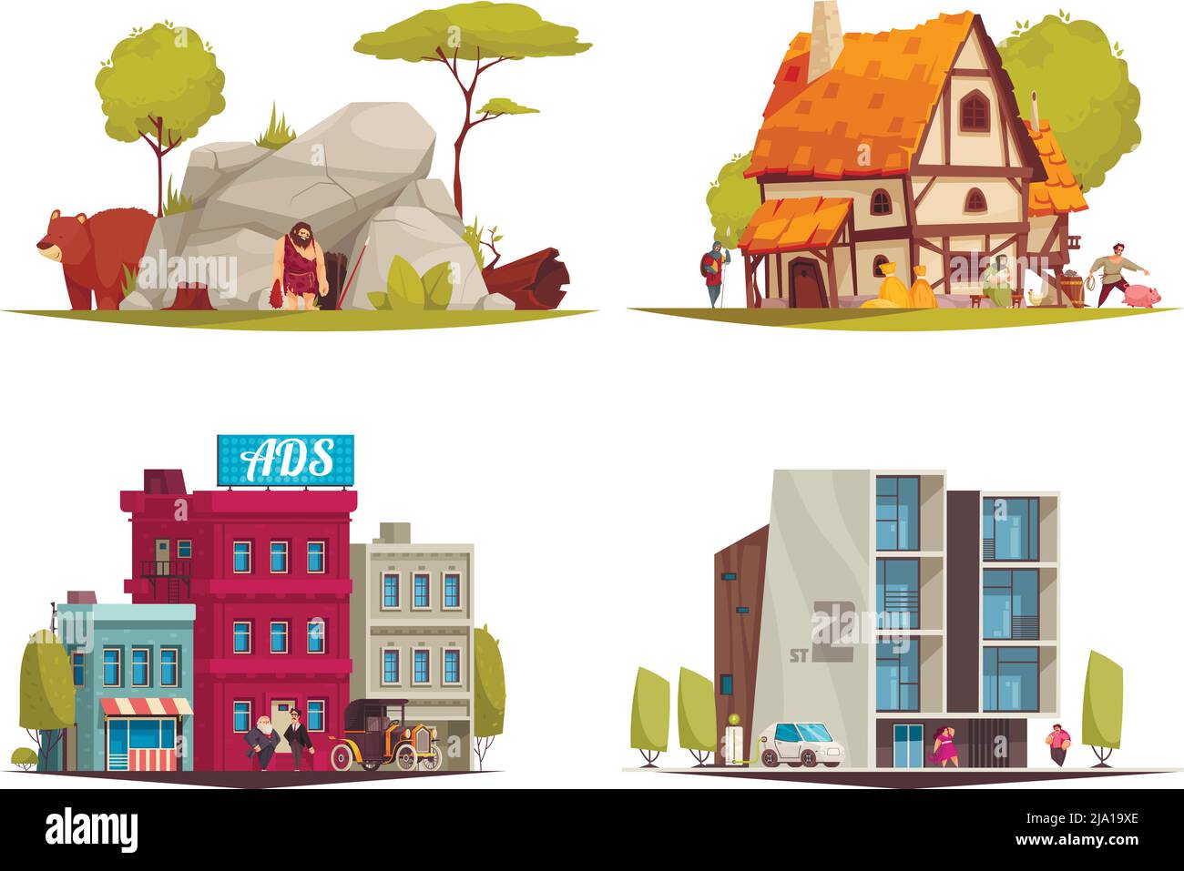 Architectural style different eras housing evolution 4 cartoon ...