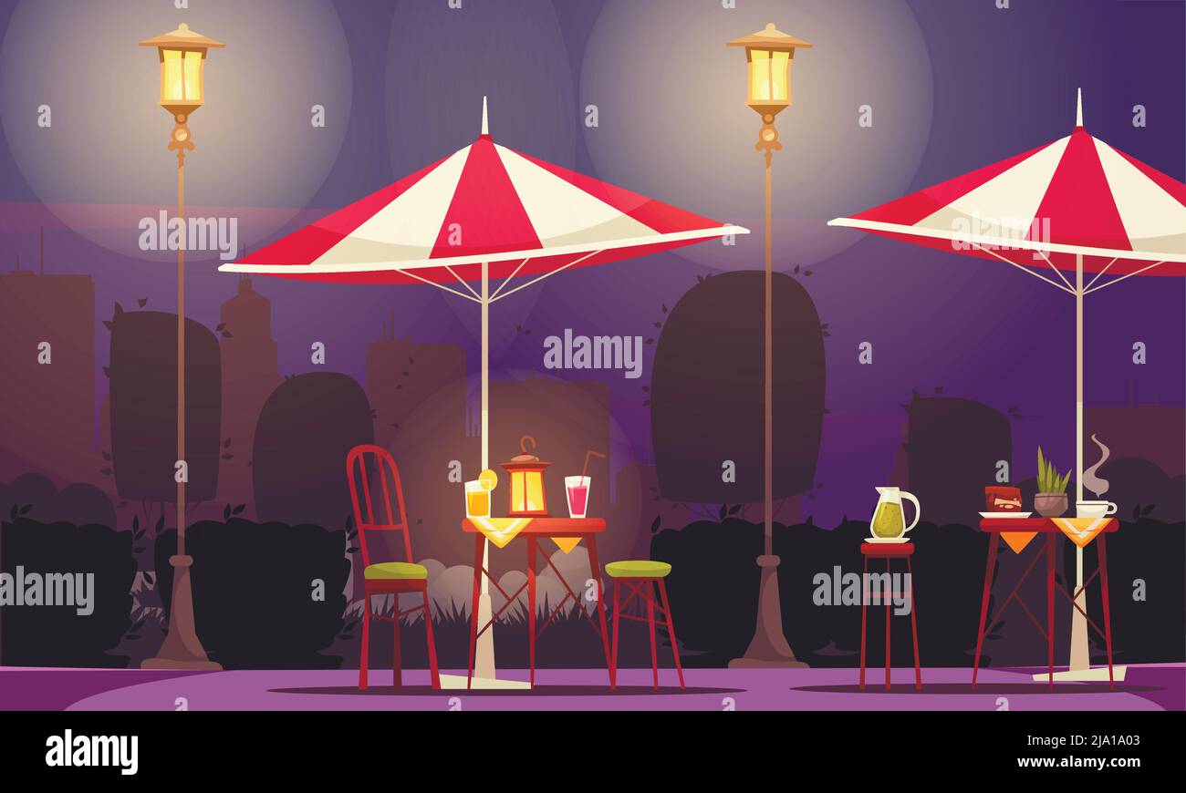 Street cafe cartoon composition with tables cocktail drinks umbrellas ...