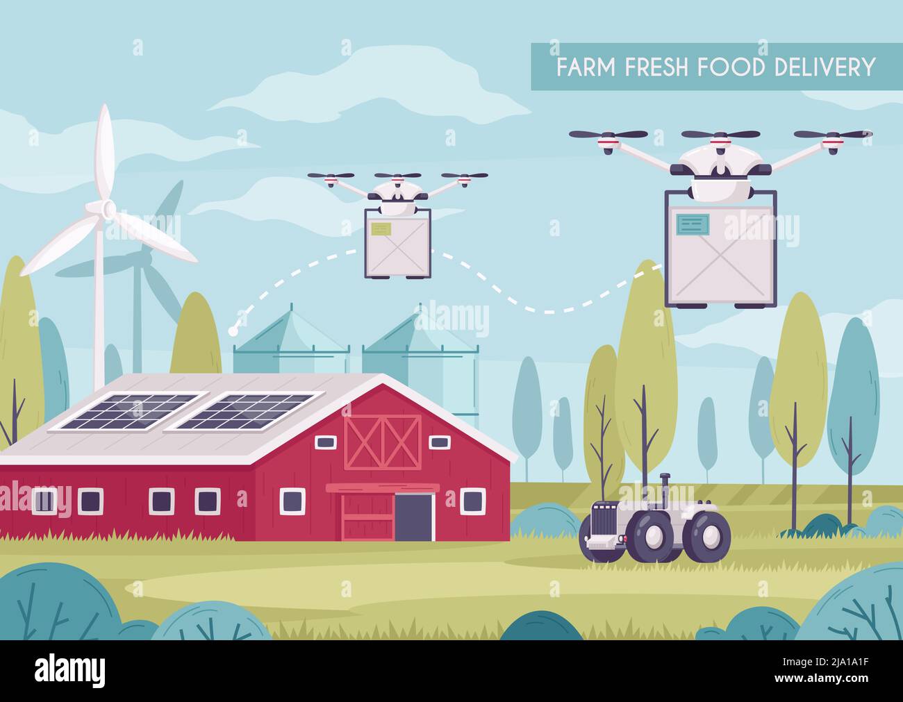 Smart farming cartoon composition with images of flying drones carrying ...