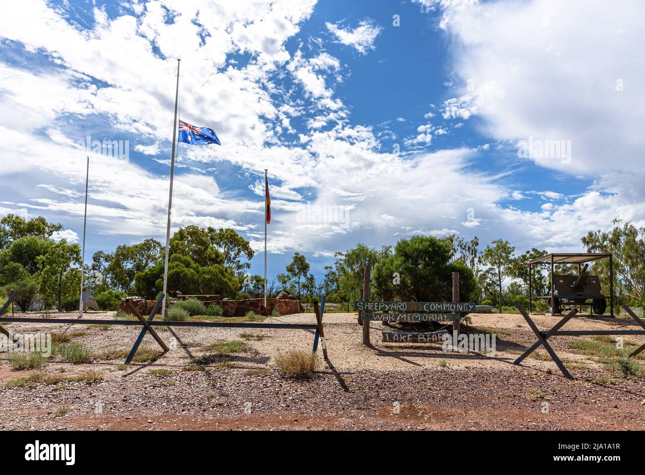 The Australian and Aboriginal flags at the Sheepyard Community War ...