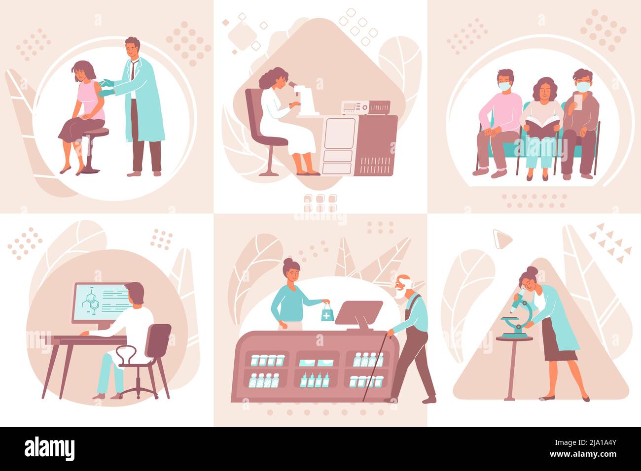 Flat vaccination compositions set with people working at laboratory ...