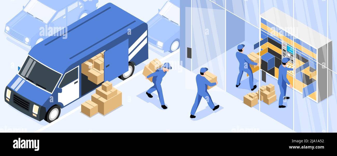 Post terminal horizontal illustration with postal workers loading ...