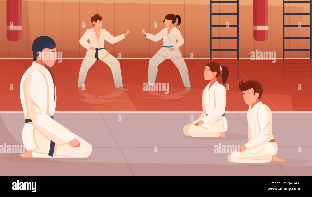 Martial arts flat background with trainer and kids doing exercises in ...