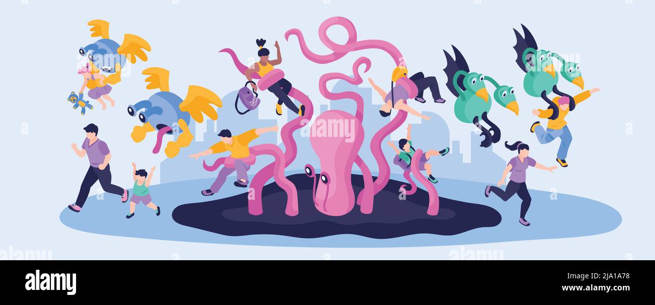 Aliens colorful narrow illustration with people running away from ...