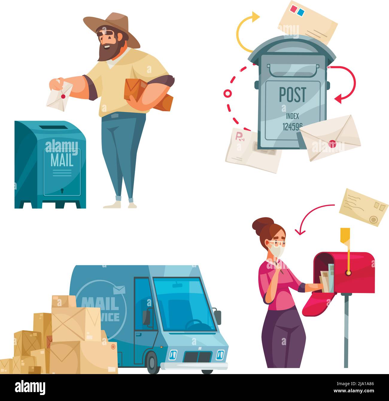 Post office 4 cartoon compositions dropping letter in mailbox postal ...