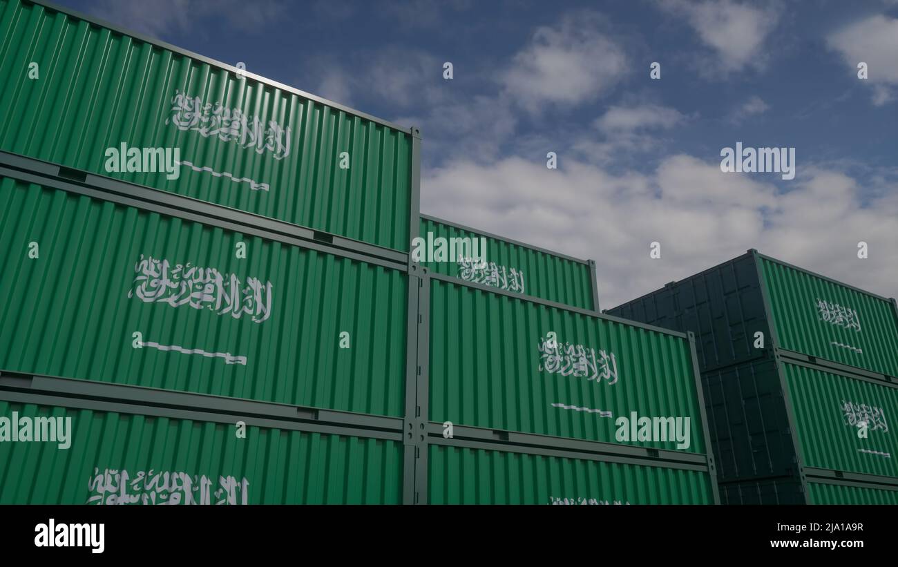 Container terminal full of containers with flag of Saudi Arabia. Export ...