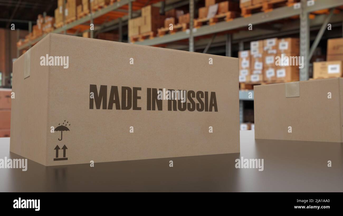 Boxes with MADE IN RUSSIA text on conveyor. 3d illustration Stock Photo ...