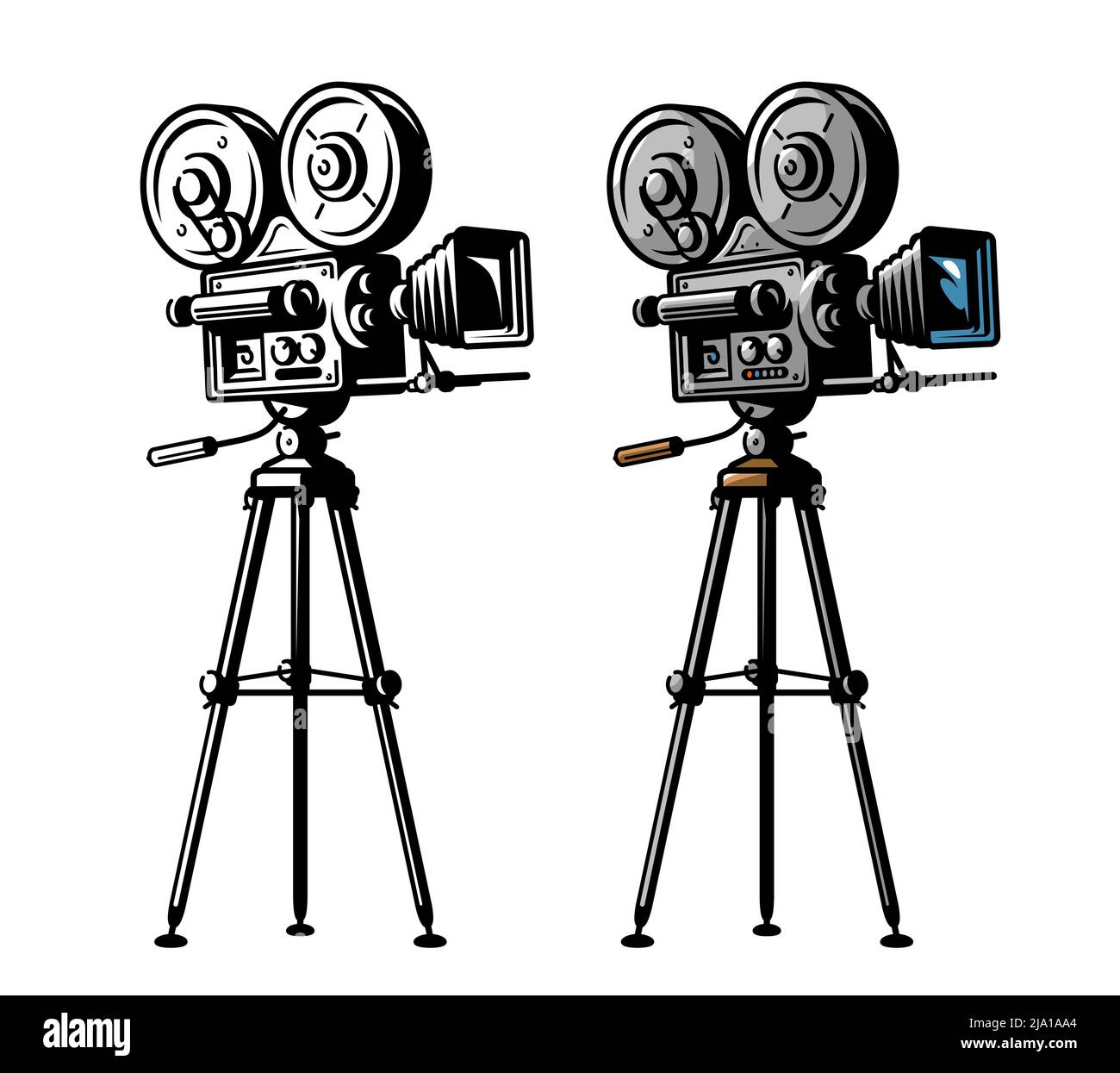 Vintage video projector. Retro movie camera on tripod isolated on white background. Vector ...