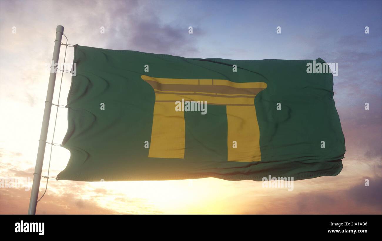 Qena flag, Egypt, waving in the wind, sky and sun background. 3d ...