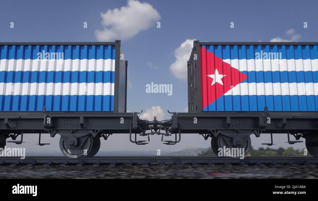 Containers with the flag of Cuba. Railway transportation. 3d ...