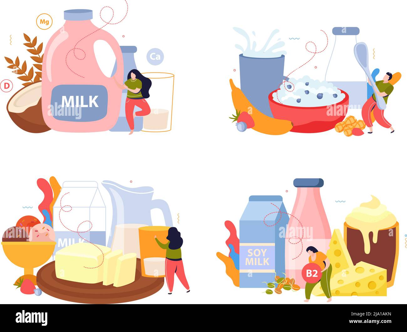 Milk usage 2x2 design concept set of fresh dairy products along with ...
