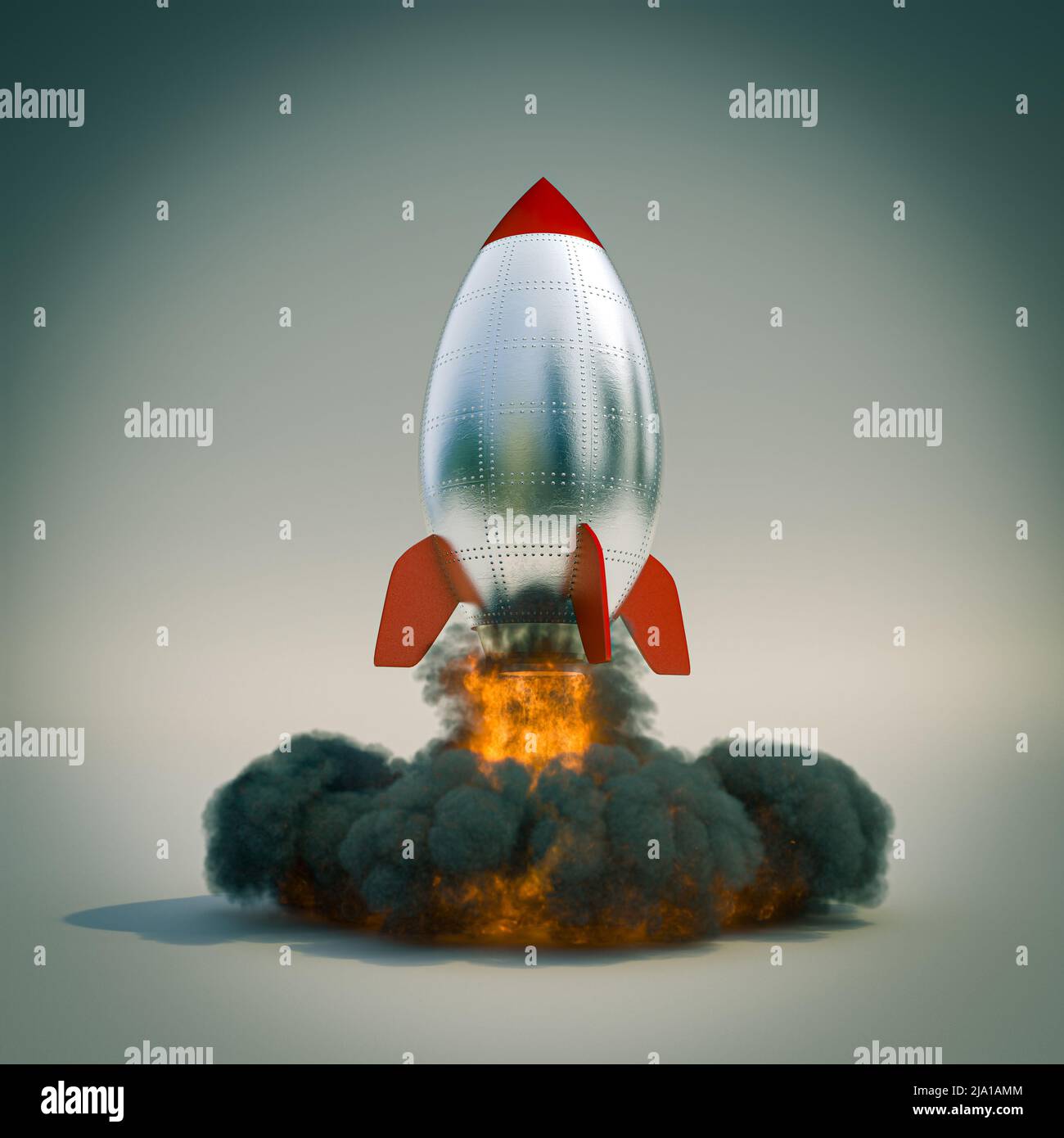 big vintage metal rocket takes flight. 3d render Stock Photo - Alamy