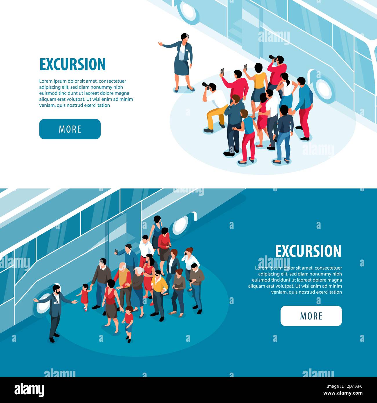 Excursion isometric banners with tour guide and travellers characters ...