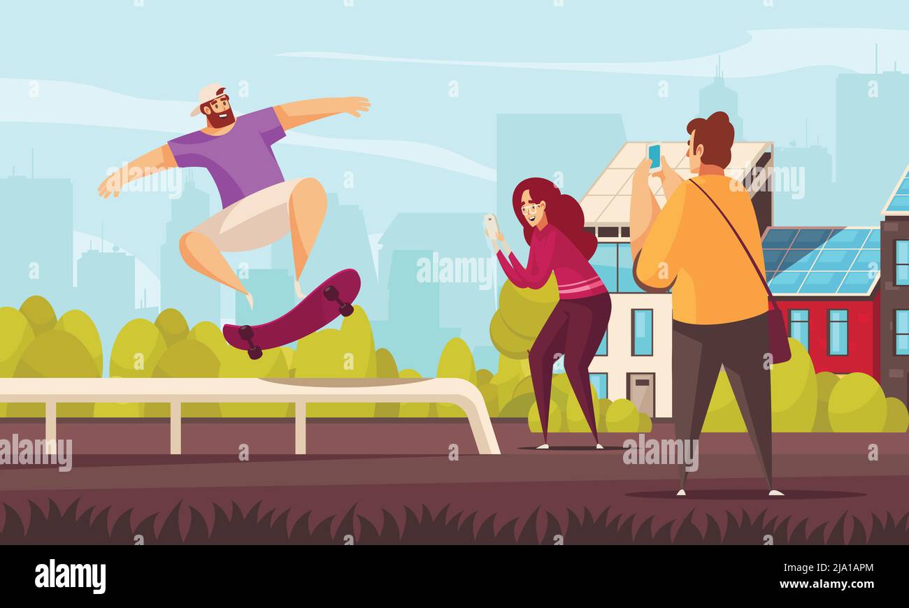 Summer sport skateboard composition with outdoor cityscape background ...