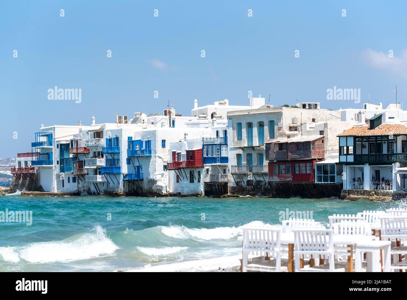 Mykonos island in Cyclades group in the Aegean Sea. summer party ...