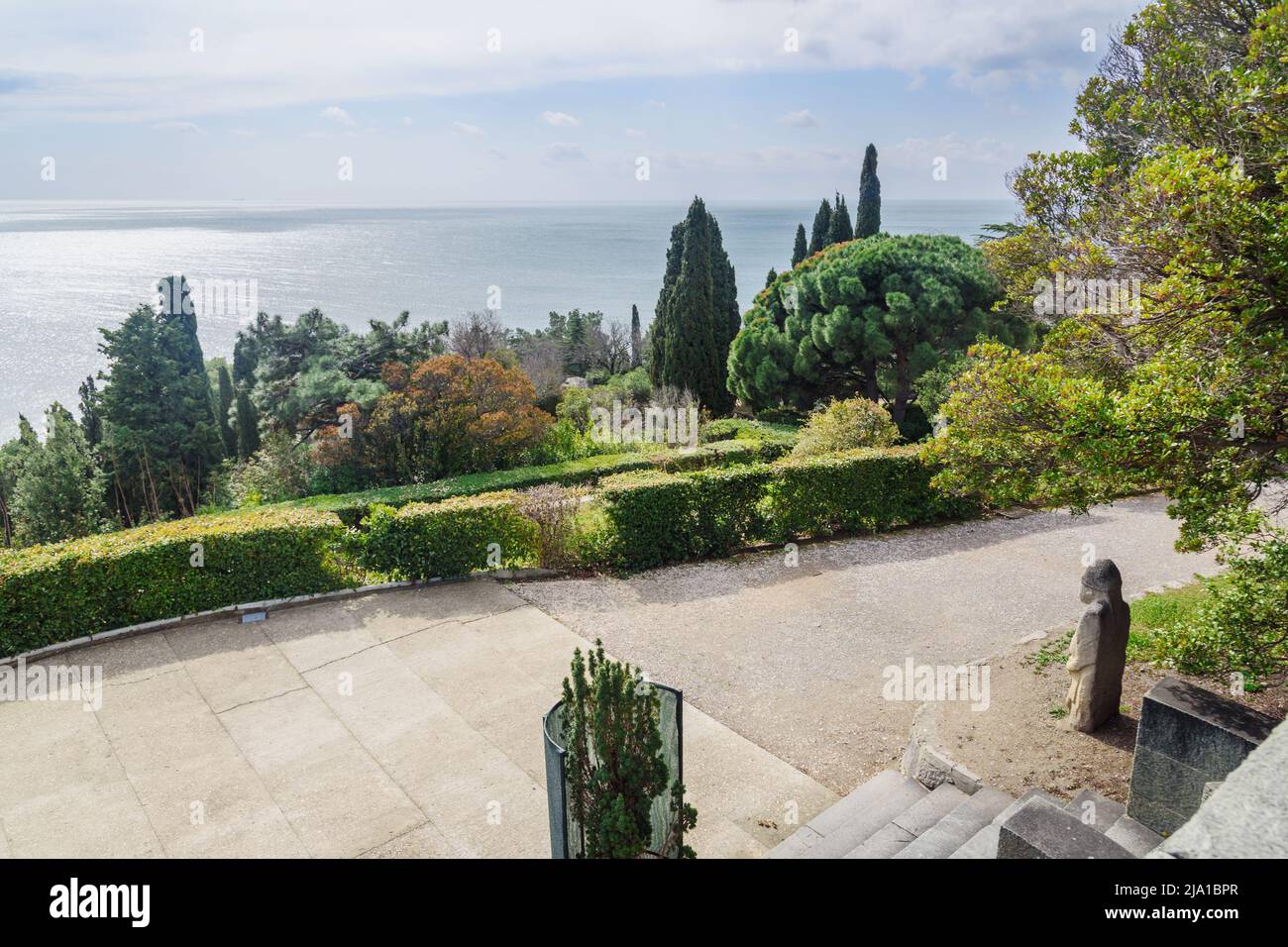 Southern terraces in the park of Vorontsov Palace at spring. Alupka ...