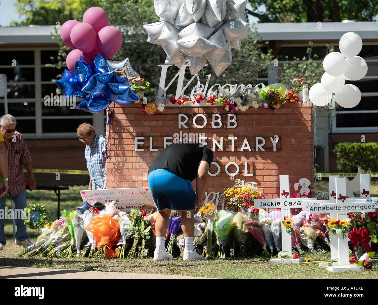 Uvalde, TX, USA. 26th May, 2022. Crosses with the name of each victim ...