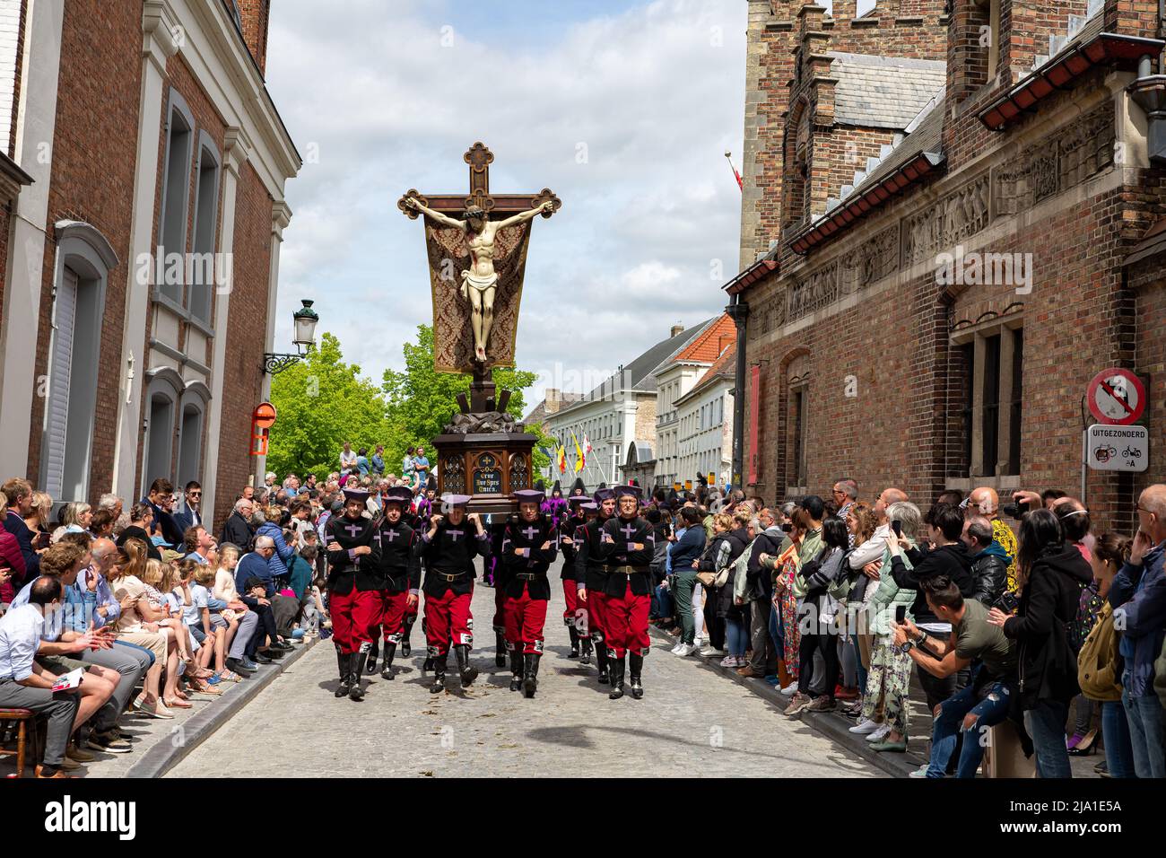 Illustration picture shows a group carrying a statue of Jesus on the ...