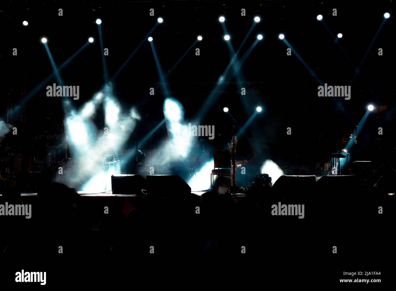Stage with spotlights and fog effect. Concert area background photo ...