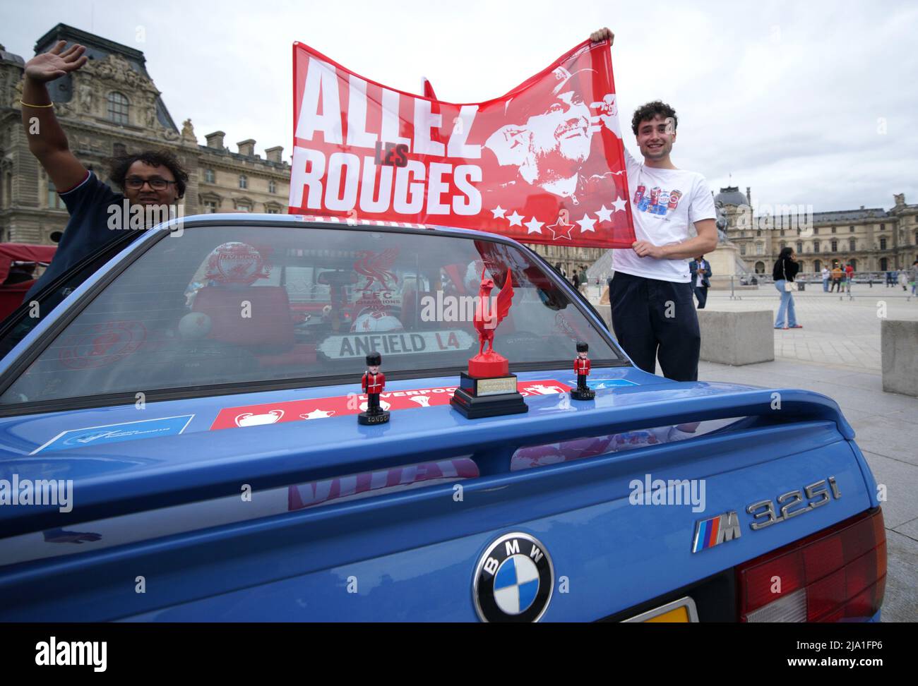 A view of the badges and detail on Mel Singh's car outside The Louvre ...