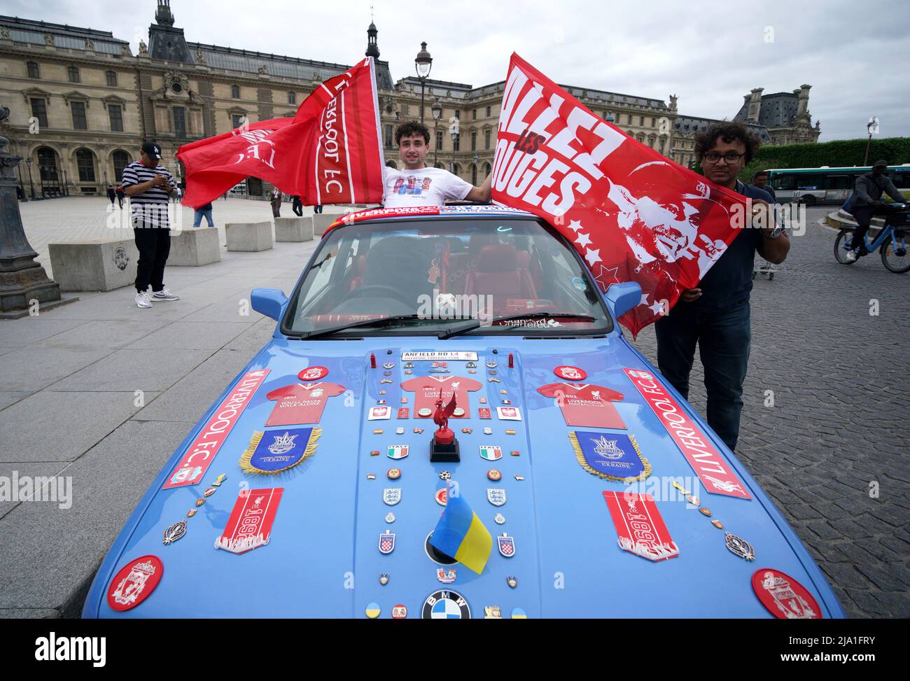 A view of the badges and detail on Mel Singh's car outside The Louvre ...