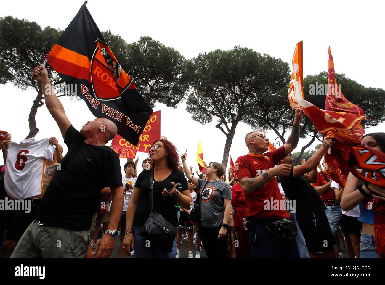 Rome, Italy. 26th May, 2022. Rome, The Roma football team parades on an ...