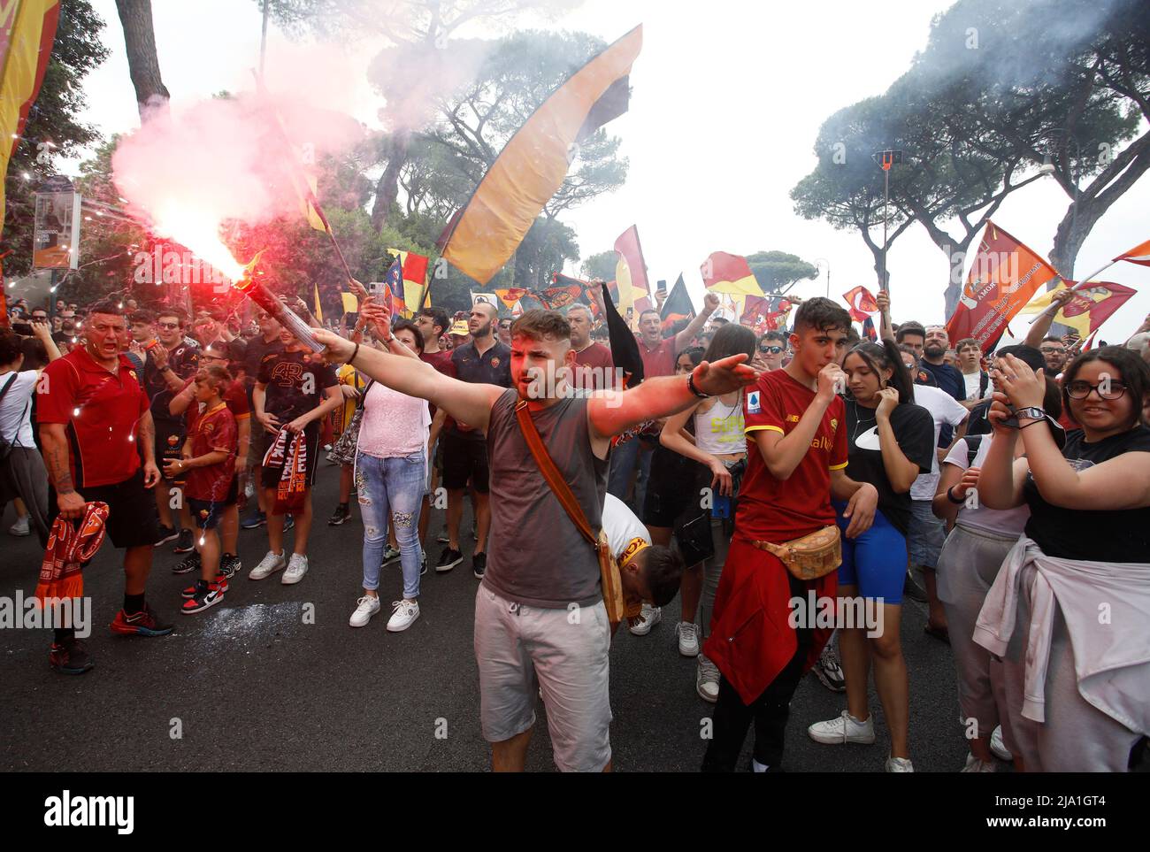 Rome, Italy. 26th May, 2022. Rome, The Roma football team parades on an ...
