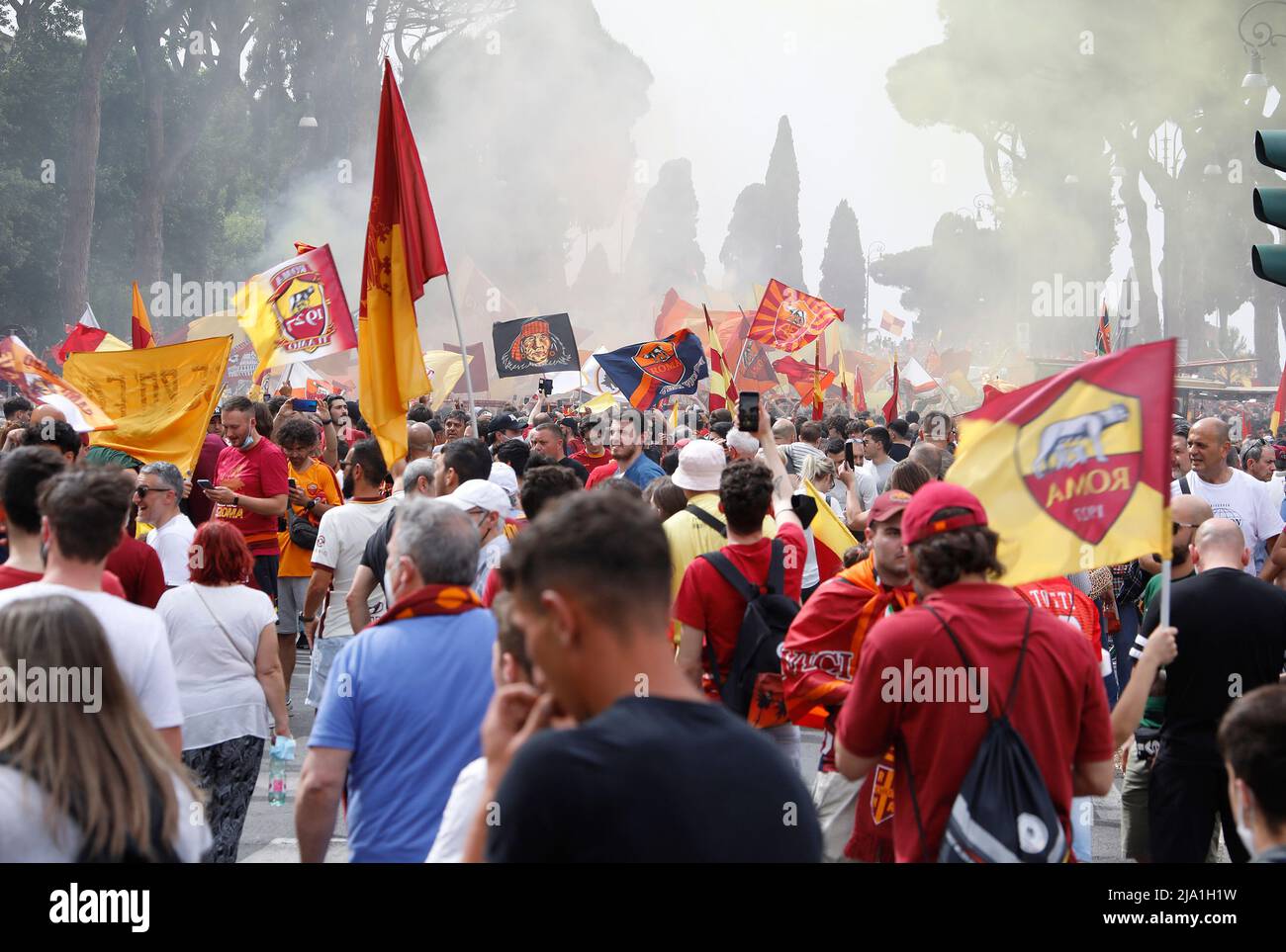 Rome, Italy. 26th May, 2022. Rome, The Roma football team parades on an ...