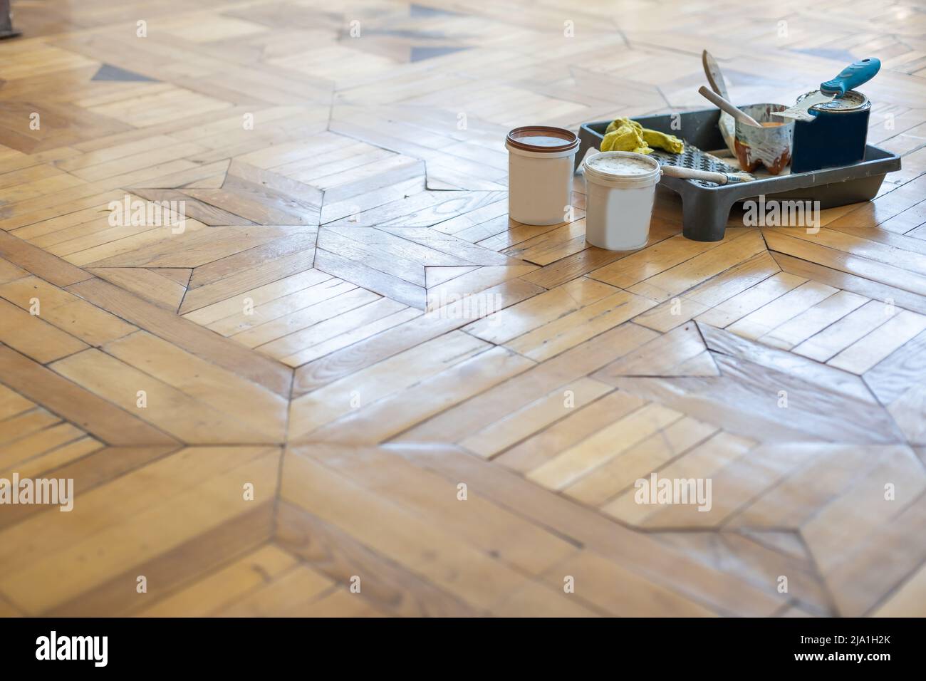 Renovated brown oak parquet, Reconstruction old house symbol, Wooden ...