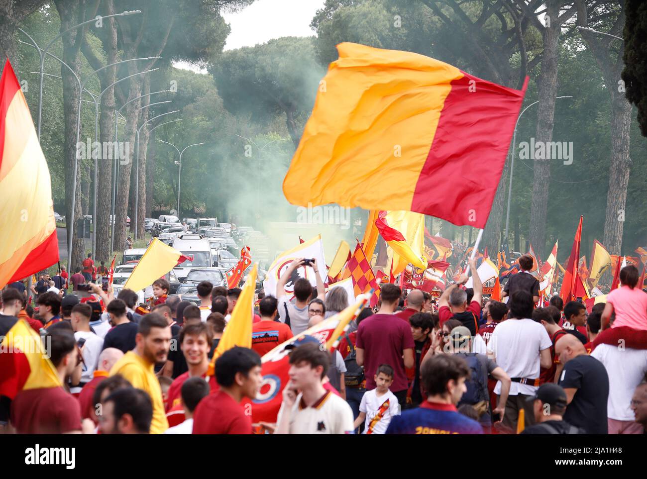 Rome, Italy. 26th May, 2022. Rome, The Roma football team parades on an ...