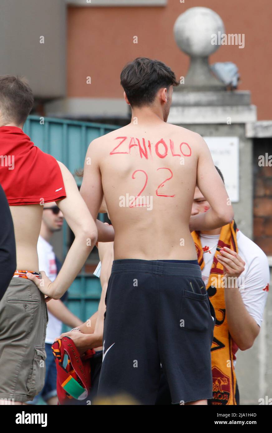 Rome, Italy. 26th May, 2022. Rome, The Roma football team parades on an ...