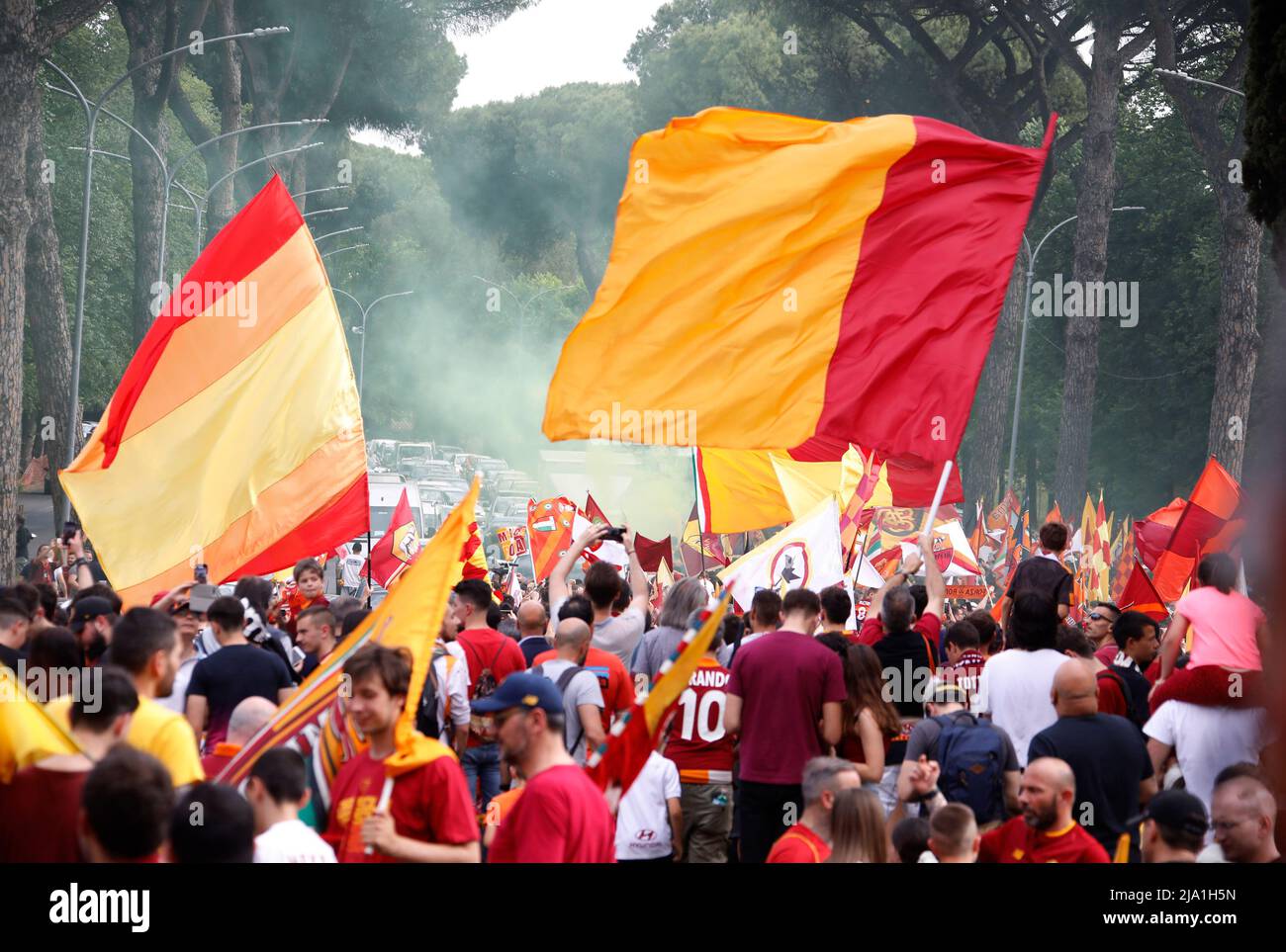 Rome, Italy. 26th May, 2022. Rome, The Roma football team parades on an ...