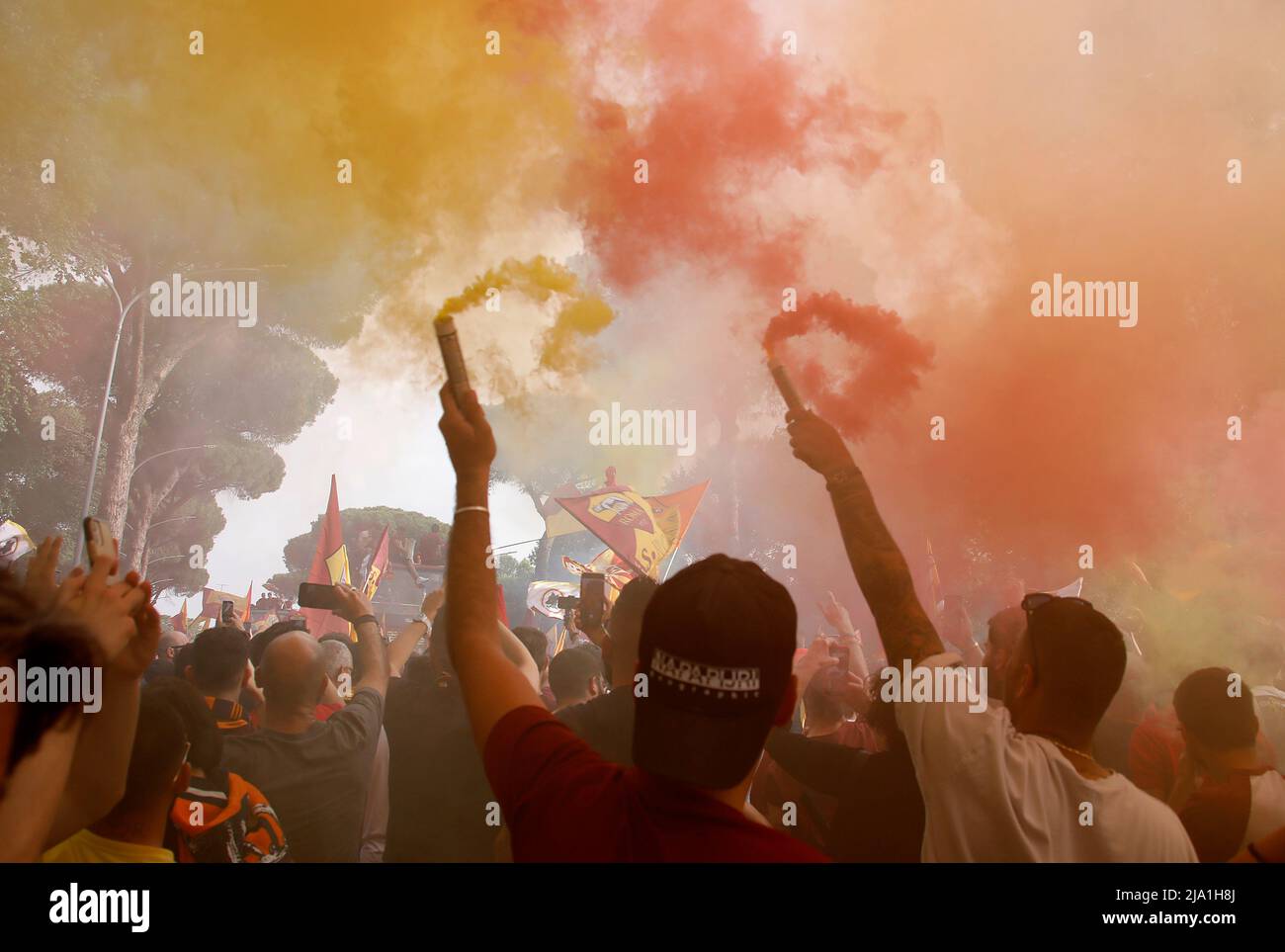 Rome, Italy. 26th May, 2022. Rome, The Roma football team parades on an ...
