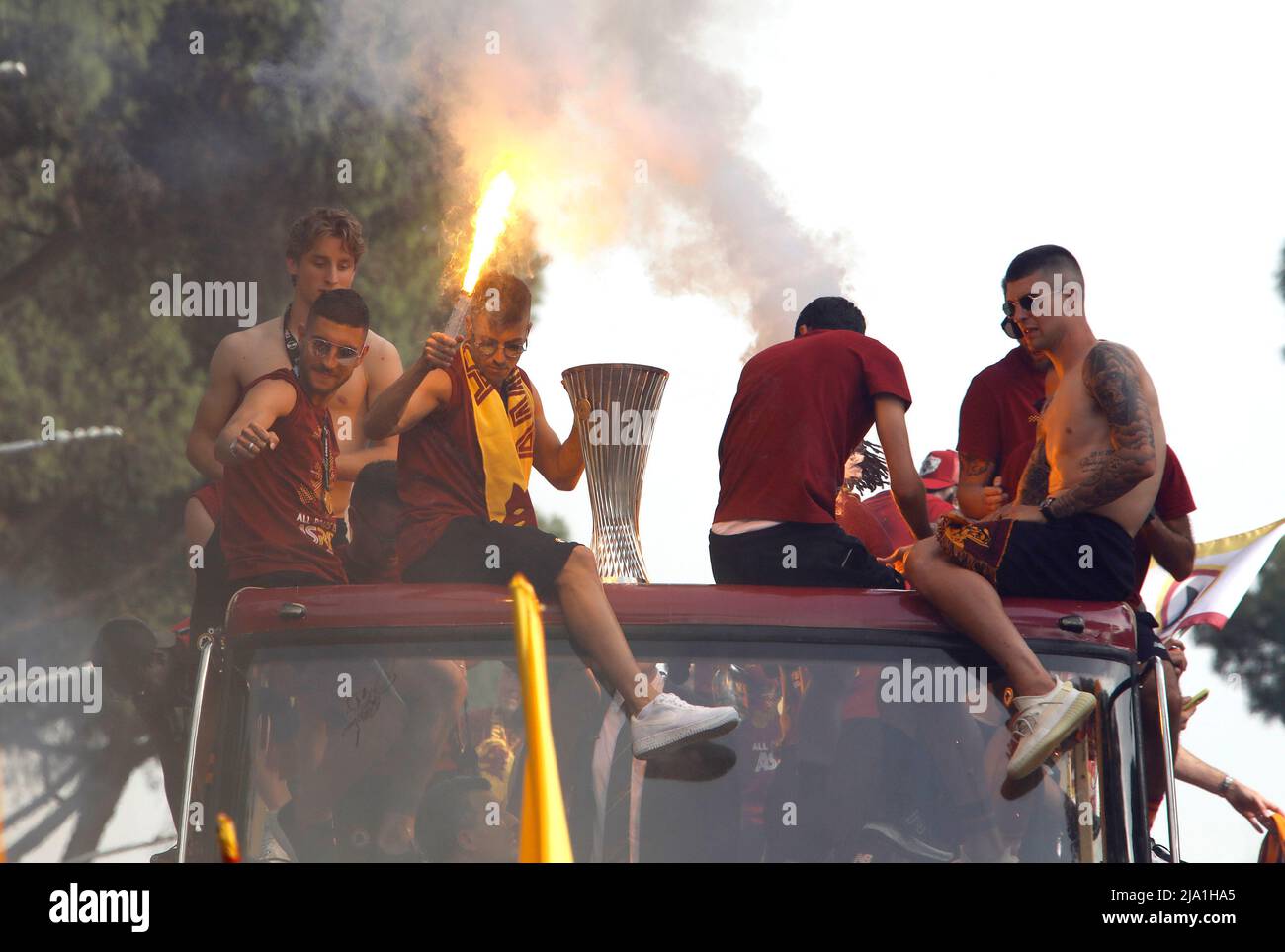 Rome, Italy. 26th May, 2022. Rome, The Roma football team parades on an ...