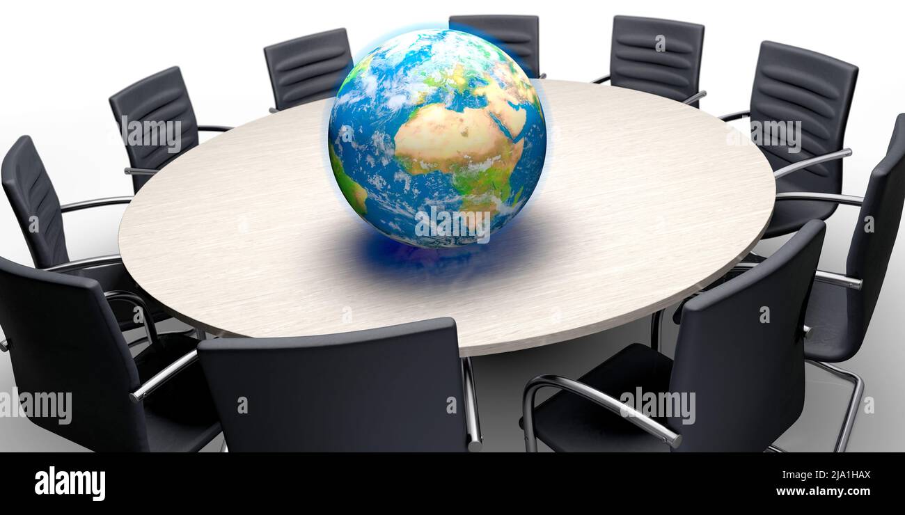 Climate conference - Globe on conference table Table with chairs Stock ...